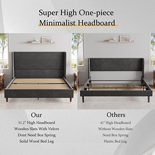 Jocisland Upholstered Bed Frame Queen Size 51.2" High Linen Platform Bed with Wingback Headboard/No Box Spring Needed/Easy Assembly/Dark Grey