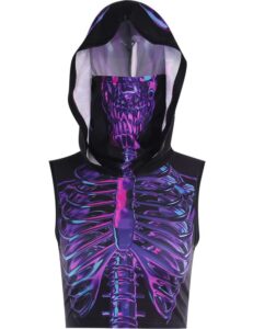 lanshulan gothic skeleton print hooded crop top