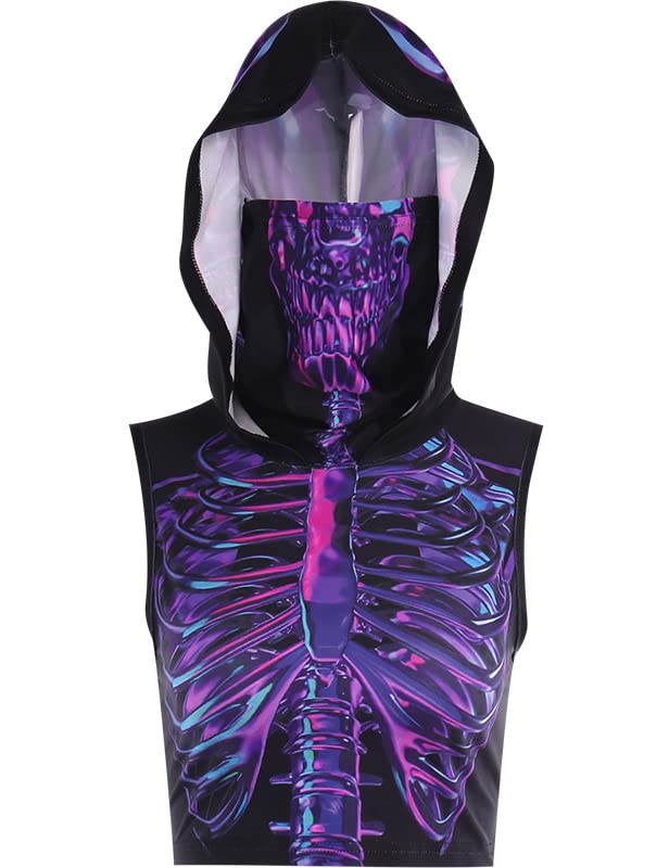 LANSHULAN Gothic Skeleton Print Hooded Crop Top