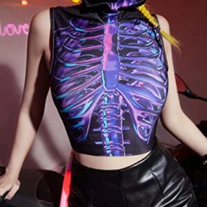 LANSHULAN Gothic Skeleton Print Hooded Crop Top