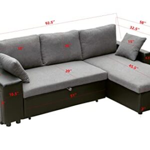 SITHAS Linen Reversible Sectional Couch Pull Out Sleeper Sofa and Chaise with Storage and 2 Steel Sstools