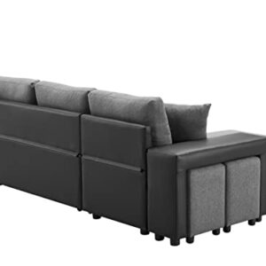 SITHAS Linen Reversible Sectional Couch Pull Out Sleeper Sofa and Chaise with Storage and 2 Steel Sstools