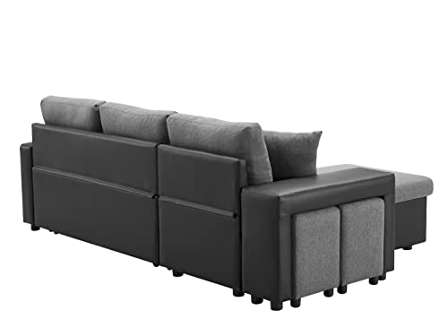 SITHAS Linen Reversible Sectional Couch Pull Out Sleeper Sofa and Chaise with Storage and 2 Steel Sstools