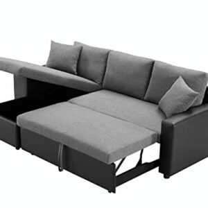 SITHAS Linen Reversible Sectional Couch Pull Out Sleeper Sofa and Chaise with Storage and 2 Steel Sstools