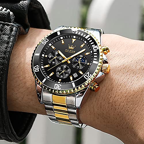 OLEVS Black Gold Watches for Men Classic with Date Business Dress Chronograph Big Face Reloj para Hombre Waterproof Luminous Mens Wrist Watch Analog Party Fashion Stainless Steel Man Watch