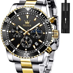 OLEVS Black Gold Watches for Men Classic with Date Business Dress Chronograph Big Face Reloj para Hombre Waterproof Luminous Mens Wrist Watch Analog Party Fashion Stainless Steel Man Watch