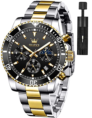 OLEVS Black Gold Watches for Men Classic with Date Business Dress Chronograph Big Face Reloj para Hombre Waterproof Luminous Mens Wrist Watch Analog Party Fashion Stainless Steel Man Watch