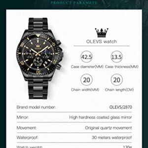 OLEVS Black Gold Watches for Men Classic with Date Business Dress Chronograph Big Face Reloj para Hombre Waterproof Luminous Mens Wrist Watch Analog Party Fashion Stainless Steel Man Watch