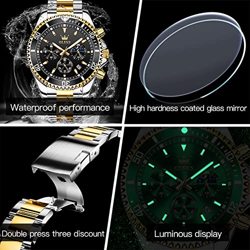 OLEVS Black Gold Watches for Men Classic with Date Business Dress Chronograph Big Face Reloj para Hombre Waterproof Luminous Mens Wrist Watch Analog Party Fashion Stainless Steel Man Watch