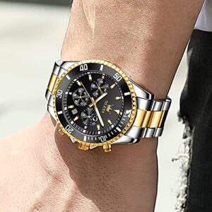 OLEVS Black Gold Watches for Men Classic with Date Business Dress Chronograph Big Face Reloj para Hombre Waterproof Luminous Mens Wrist Watch Analog Party Fashion Stainless Steel Man Watch