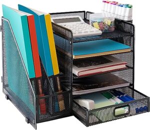 metal mesh desk organizer with 1 sliding drawer, 5 horizontal trays and 2 vertical sections, with 2 spaces for pencils and accessories black, assembles and disassembles in minutes to store or use