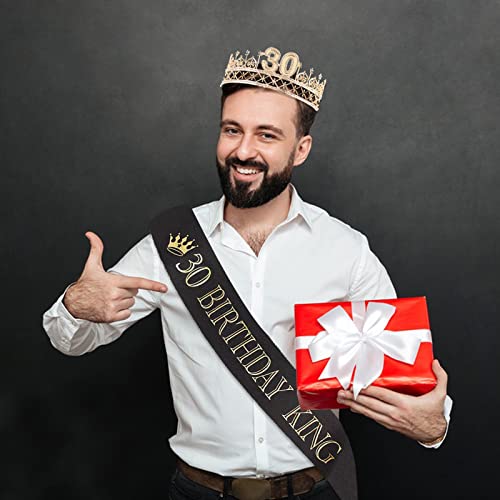 BRT Bearingshui 30th Birthday Sash and Tiara for Men, 30 Gold Birthday Crown 30 Birthday King Sash for Men, 30th Birthday Gifts for Happy 30th Birthday Party Supplies