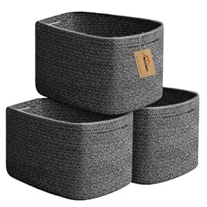 megasket black storage baskets for shelves 3-pack, 14.9" x 9.4" x 8.6" cotton rope baskets for storage, black wicker woven baskets for organizing, decorative baby nursery closet organizer storage bins