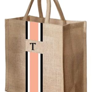 Globyz Jute Burlap Light Salmon Color With Initials Tote Bag Present for Wedding Birthday Gift Bridesmaid (35H*30L*12W CM) (T)