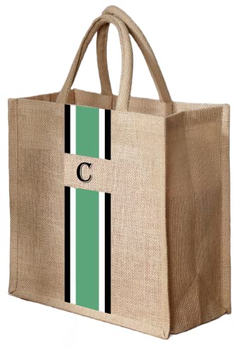 Globyz Jute Burlap Lime Green Color With Initials Tote Bag Present for Wedding Birthday Gift Bridesmaid (43H*35L*17W CM) (C)