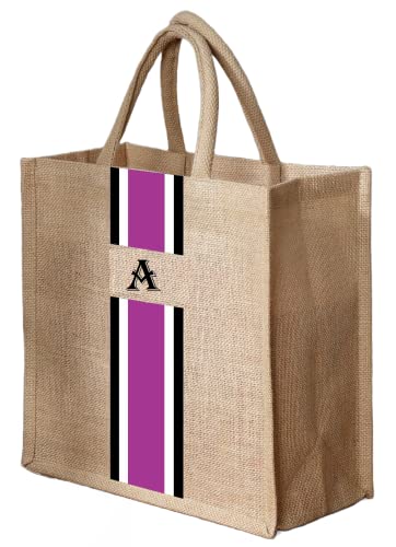 Globyz Jute Burlap Magenta Color With Initials Tote Bag Present for Wedding Birthday Gift Bridesmaid (35H*30L*12W CM) (A)