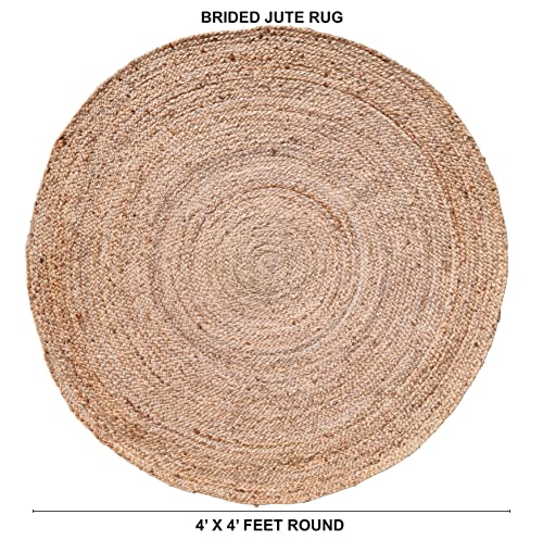 MAYRA HANDICRAFTS Jute Braided Rug, 4' Round Natural, Hand Woven Reversible Rugs Eco Friendly Rugs for Bedroom - Kitchenfor Living Room Entryway,4x4,6x6,8x8 (4 * 4)