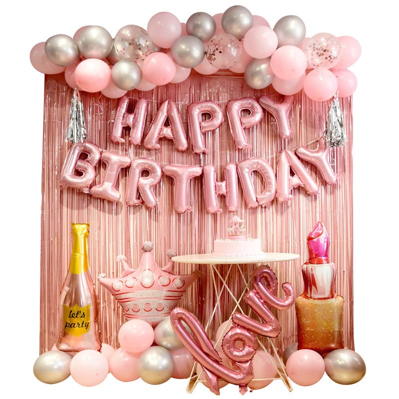 pink birthday decorations for women ，happy birthday party decorations for girls，pink Fringe Curtain，happy birthday banner，happy birthday balloon，happy birthday balloon letters