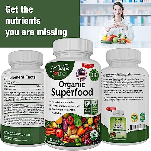 Organic Superfood Greens Fruits and Veggies Complex - Best Dietary Supplement with 14 Greens &14 Fruits & Vegetables with Alfalfa Rich in Antioxidants Organic Ingredients Non-GMO (120 Count Pack of 2)