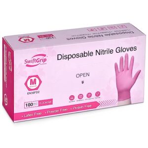 SwiftGrip Powder-Free Nitrile Gloves, Medium, 100ct Box - 3-mil, Disposable, Latex-Free, for Kitchen, Cleaning, Estheticians, Hair Stylist - Pink/Fuchsia