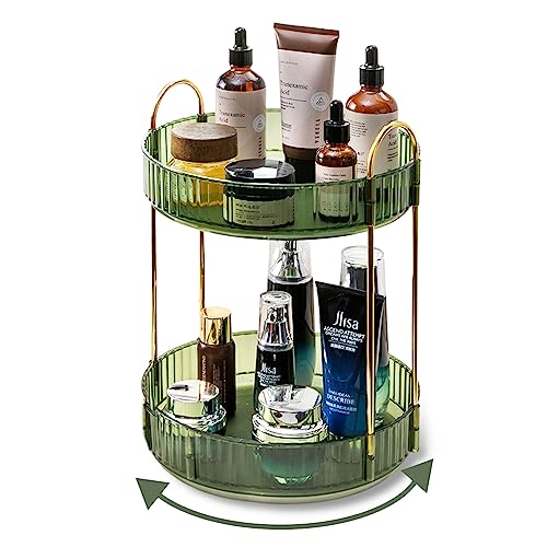 Asayuee 360 Rotating Makeup Organizer for Vanity,2 Tier Large Capacity Cosmetics Skincare Organizers,Bathroom Countertop Organizer Spinning Perfume Organizer,Dresser Vanity Organizer (Green-2 Tier)