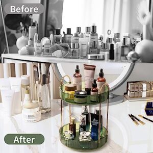 Asayuee 360 Rotating Makeup Organizer for Vanity,2 Tier Large Capacity Cosmetics Skincare Organizers,Bathroom Countertop Organizer Spinning Perfume Organizer,Dresser Vanity Organizer (Green-2 Tier)