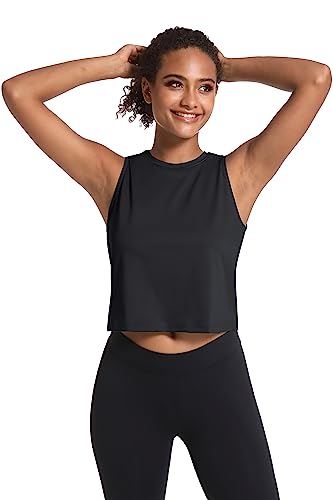 MAGCOMSEN Women's Crop Tops UPF 50+ Athletic Running Workout Cropped Tank Tops Sleeveless Gym Sports Muscle Shirts Black S