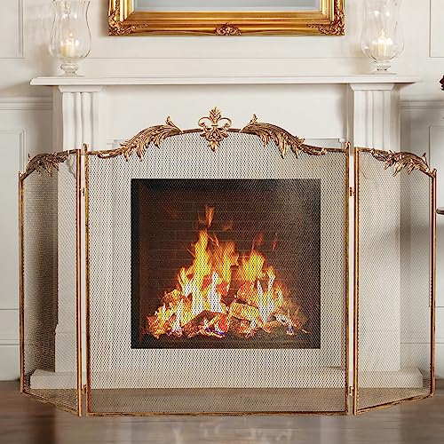 WICHEMI Fireplace Screen 3 Panel Folding Fireplace Screens 50.4 x 32.3 Inch Metal Furnace Fireguards Mesh Cover Baby Safe Proof Fence Spark Guard Cover Wrought Iron Fire Place Standing Gate (Golden)