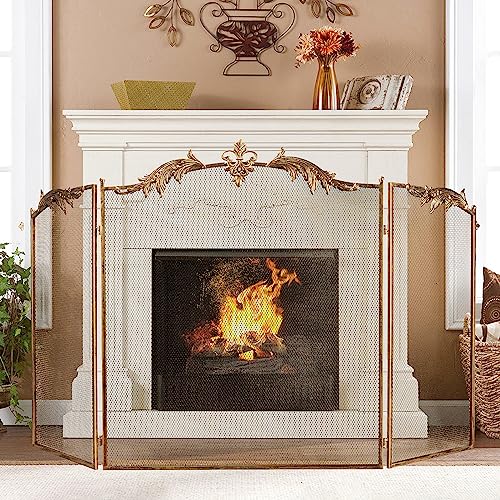 WICHEMI Fireplace Screen 3 Panel Folding Fireplace Screens 50.4 x 32.3 Inch Metal Furnace Fireguards Mesh Cover Baby Safe Proof Fence Spark Guard Cover Wrought Iron Fire Place Standing Gate (Golden)