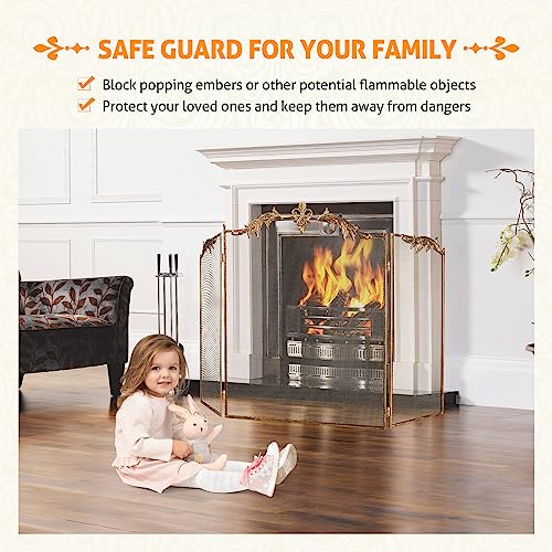 WICHEMI Fireplace Screen 3 Panel Folding Fireplace Screens 50.4 x 32.3 Inch Metal Furnace Fireguards Mesh Cover Baby Safe Proof Fence Spark Guard Cover Wrought Iron Fire Place Standing Gate (Golden)