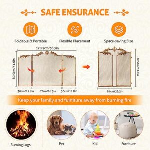 WICHEMI Fireplace Screen 3 Panel Folding Fireplace Screens 50.4 x 32.3 Inch Metal Furnace Fireguards Mesh Cover Baby Safe Proof Fence Spark Guard Cover Wrought Iron Fire Place Standing Gate (Golden)