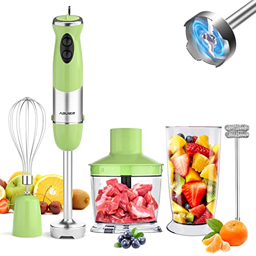 Immersion Blender Handheld 5 in 1 Hand Blender, 800W Hand Mixer Stick, BPA-Free 12 Speed and Turbo Mode Handheld Blender 304 Stainless Steel, With 20 oz Mixing Beaker, 17 oz Chopper, Whisk and Milk Frother for Soup, Smoothies, Baby Food, Sauce, Abuler (Gr