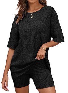 bekofo lounge set pajama sets ribbed knit dropped short sleeve yoga outfits tshirt bike shorts 2023 fashion women pajama pj sets black large