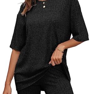 BEKOFO Lounge Set Pajama Sets Ribbed Knit Dropped Short Sleeve Yoga Outfits Tshirt Bike Shorts 2023 Fashion Women Pajama Pj Sets Black Large