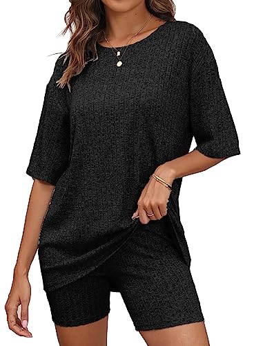 BEKOFO Lounge Set Pajama Sets Ribbed Knit Dropped Short Sleeve Yoga Outfits Tshirt Bike Shorts 2023 Fashion Women Pajama Pj Sets Black Large