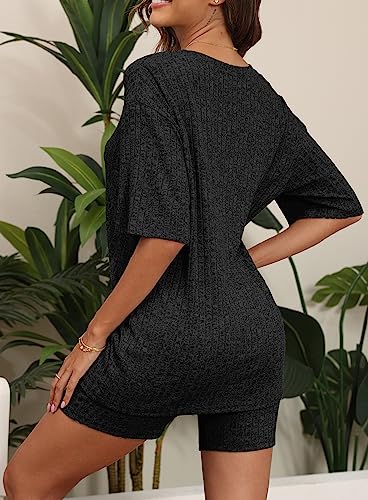 BEKOFO Lounge Set Pajama Sets Ribbed Knit Dropped Short Sleeve Yoga Outfits Tshirt Bike Shorts 2023 Fashion Women Pajama Pj Sets Black Large