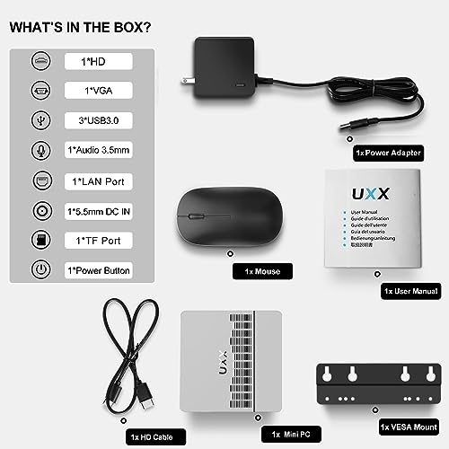 UXX Mini PC Support 512GB M.2 SSD, Intel Celeron N3350 (Up to 2.4GHz) Mini Computer, 6GB RAM/64GB Micro PC HDMI/VGA Dual Display,Mini Desktop Computer WiFi5/BT/VESA/Mouse,for Business,Home,Office