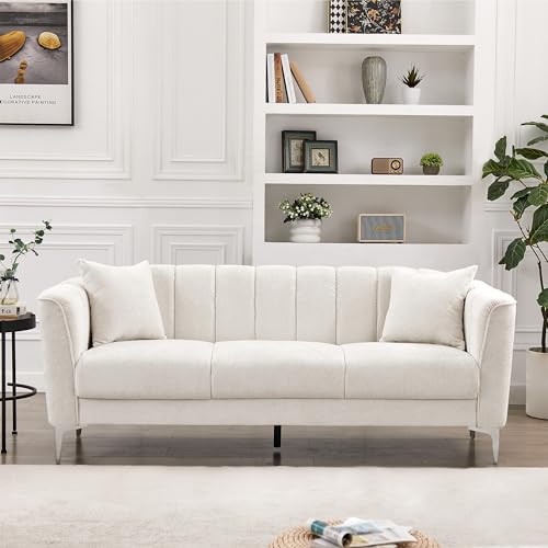 HOSTACK Modern Chenille Sofa, 77" Upholstered Couch with 2 Bolster Pillows and Armrest Bags, 3-Seat Sofa for Living Room, Bedroom, Office, Apartment, Dorm, Off White