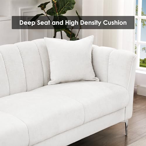 HOSTACK Modern Chenille Sofa, 77" Upholstered Couch with 2 Bolster Pillows and Armrest Bags, 3-Seat Sofa for Living Room, Bedroom, Office, Apartment, Dorm, Off White