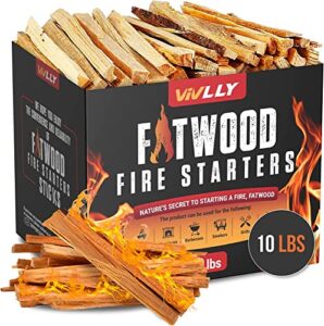 vivlly 10lb fatwood fire starter pack – starter wood for fireplace – small wood logs for campfire stove, grilling & cooking – firewood lighter kindling sticks – firepit burning & camping accessories