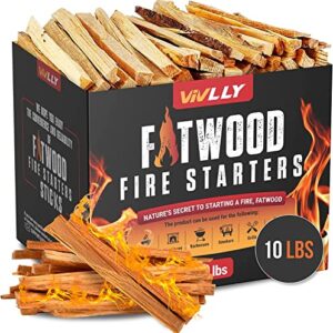 Vivlly 10lb Fatwood Fire Starter Pack – Starter Wood for Fireplace – Small Wood Logs for Campfire Stove, Grilling & Cooking – Firewood Lighter Kindling Sticks – Firepit Burning & Camping Accessories