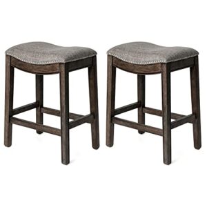 maven lane adrien backless saddle kitchen counter stool 25.7" h, dark walnut finish and stone grey performance fabric, nail head trim design, set of 2