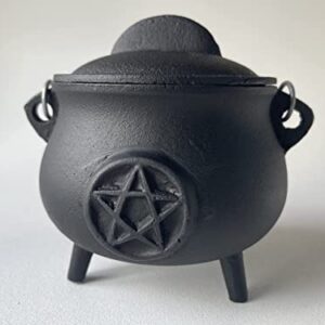 Pentagram Pentacle cast Iron Cauldron with lid and Handle, Witches Cauldron, Great for use with Charcoal Incense, Smudge Sage (Large 5.5 Inches)