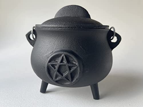 Pentagram Pentacle cast Iron Cauldron with lid and Handle, Witches Cauldron, Great for use with Charcoal Incense, Smudge Sage (Large 5.5 Inches)