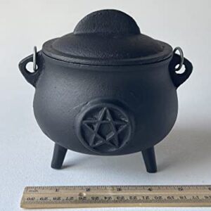 Pentagram Pentacle cast Iron Cauldron with lid and Handle, Witches Cauldron, Great for use with Charcoal Incense, Smudge Sage (Large 5.5 Inches)