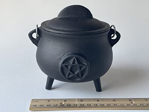 Pentagram Pentacle cast Iron Cauldron with lid and Handle, Witches Cauldron, Great for use with Charcoal Incense, Smudge Sage (Large 5.5 Inches)