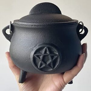 Pentagram Pentacle cast Iron Cauldron with lid and Handle, Witches Cauldron, Great for use with Charcoal Incense, Smudge Sage (Large 5.5 Inches)