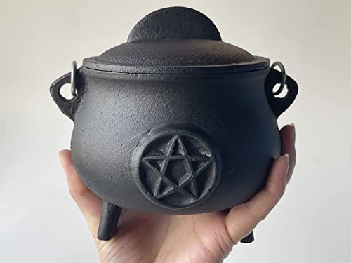 Pentagram Pentacle cast Iron Cauldron with lid and Handle, Witches Cauldron, Great for use with Charcoal Incense, Smudge Sage (Large 5.5 Inches)