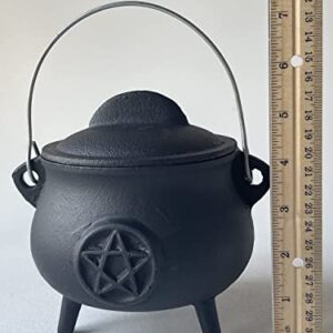 Pentagram Pentacle cast Iron Cauldron with lid and Handle, Witches Cauldron, Great for use with Charcoal Incense, Smudge Sage (Large 5.5 Inches)