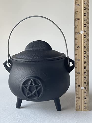 Pentagram Pentacle cast Iron Cauldron with lid and Handle, Witches Cauldron, Great for use with Charcoal Incense, Smudge Sage (Large 5.5 Inches)